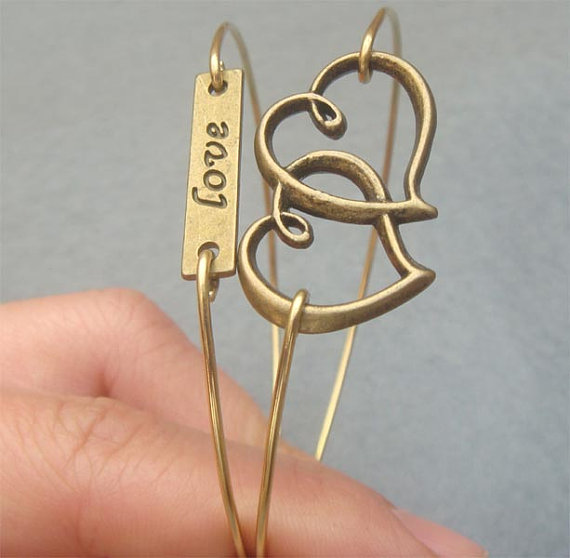 Love And Hearts Brass Bangle 2 Bracelet Set on Luulla